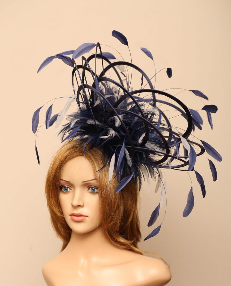 Navy Blue and Grey Large Satin Loop Feather Fascinator hat - Sylvia ...