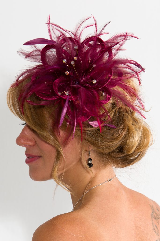 Rhinestone Satin Fascinator hat with feathers - Burgundy Wine - Julie ...