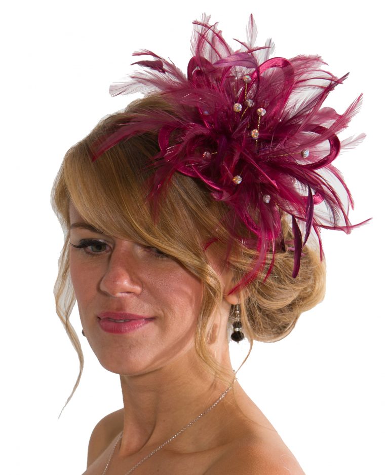Rhinestone Satin Fascinator hat with feathers - Burgundy Wine - Julie ...