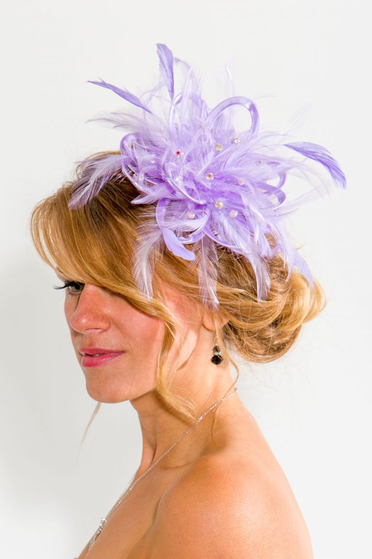 Rhinestone Satin Fascinator hat with feathers - Lilac - Julie ...